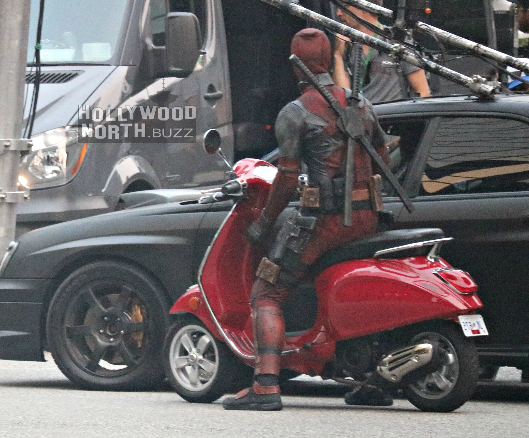 BIG MOVIE: DEADPOOL 2 (Ryan Reynolds & Stunt Double) on Red Scooter in ...